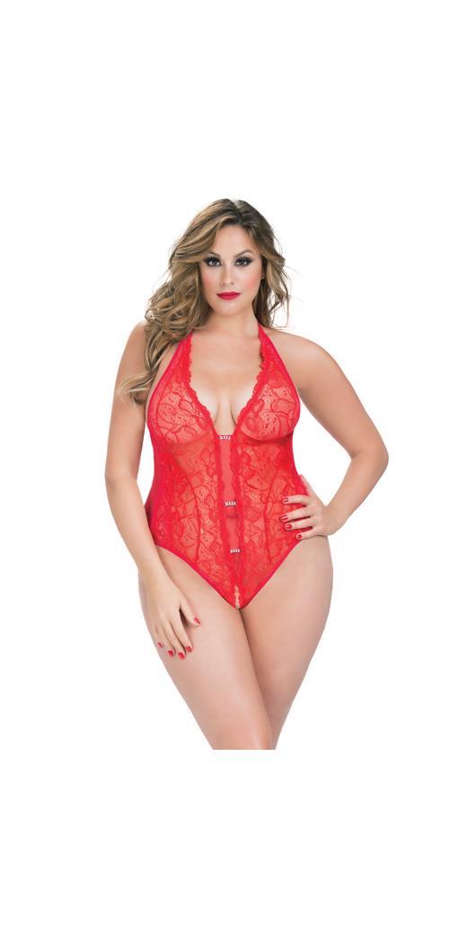 Crotchless Lace Teddy w/Rhinestone Detail Red - SpicyLegs.com