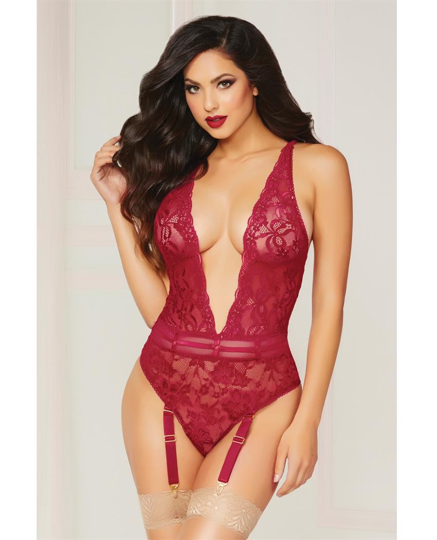 Floral Lace Teddy w/Wide Adjustable Straps, Removable Garters and Snap Crotch Wine - SpicyLegs.com